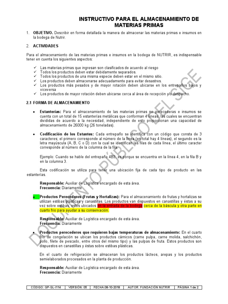Instructivo Almacenamiento de Materias Primas | PDF | Carne | Alimentos