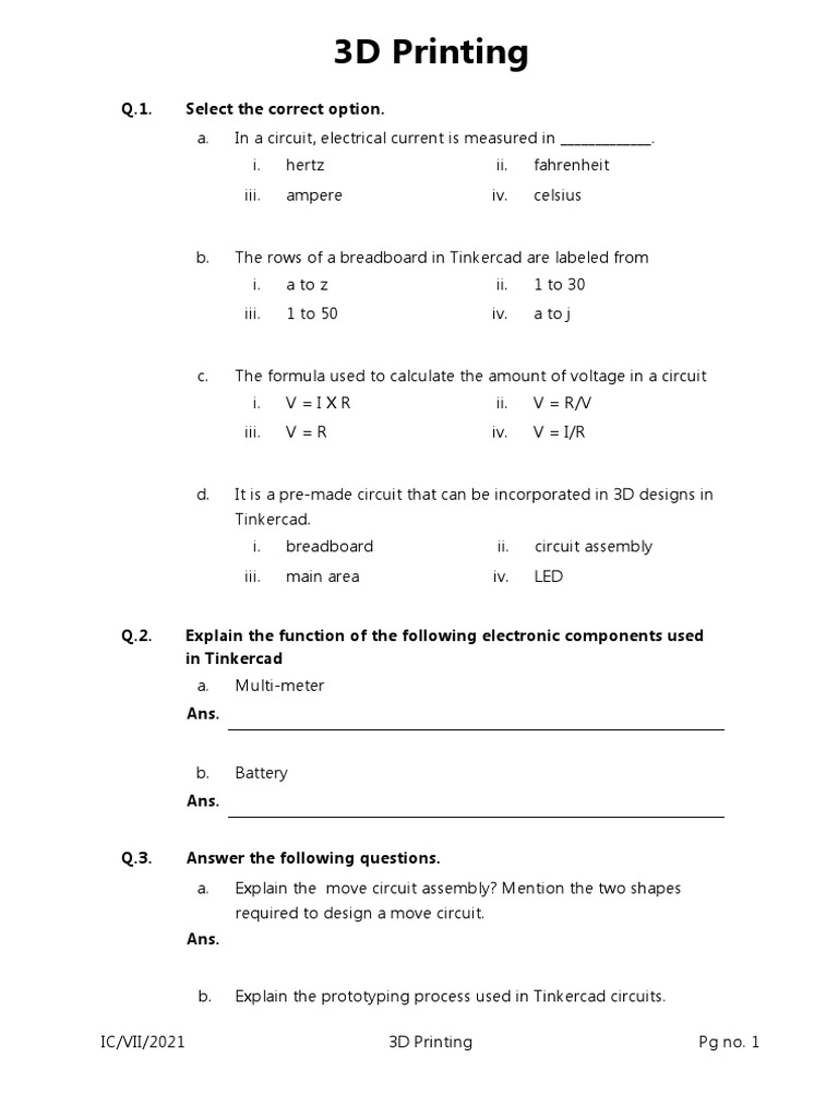 QP - Worksheet - ICSE - VII - Computer Studies - 3D Printing | PDF