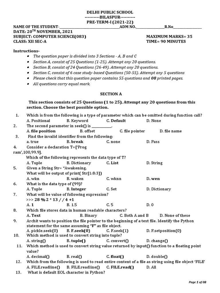 Class 12 Computer Science Exam | PDF | Variable (Computer Science ...