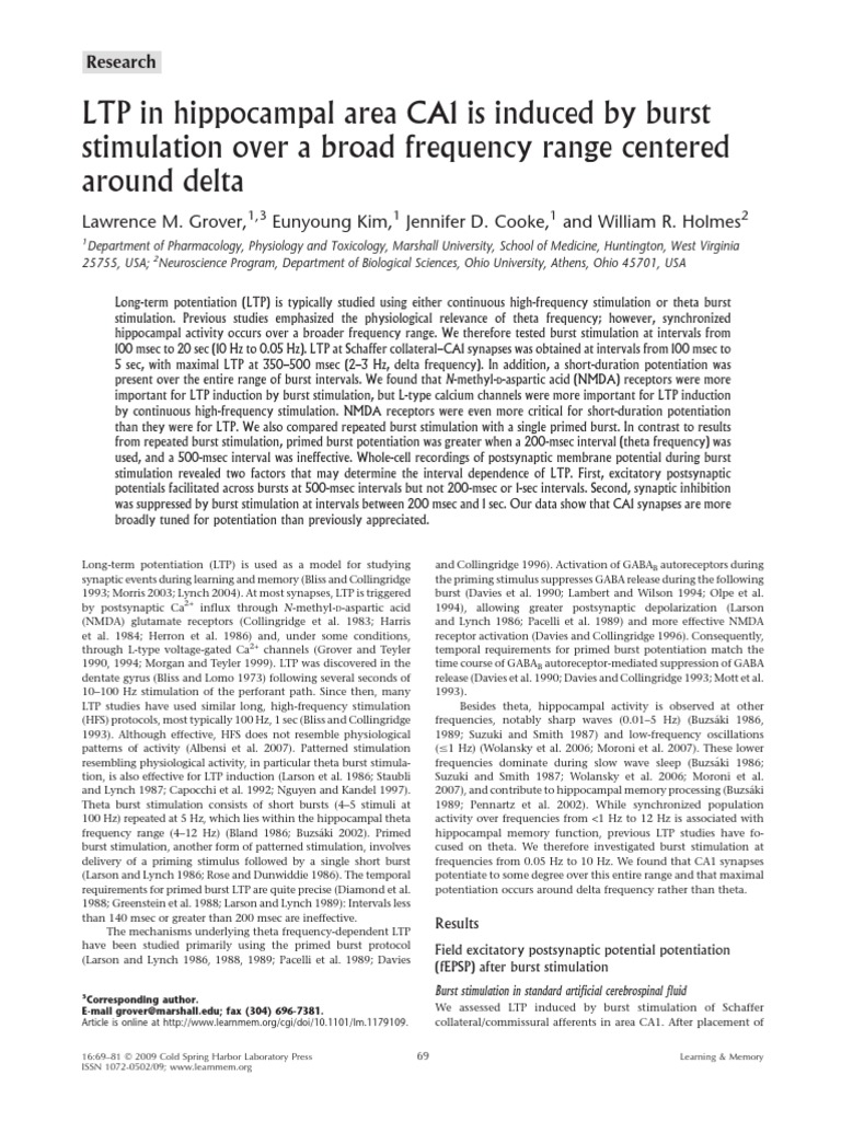 LTP in Hippocampal Area CA1 Is Induced by Burst Stimulation Over A Broad Frequency Range ...