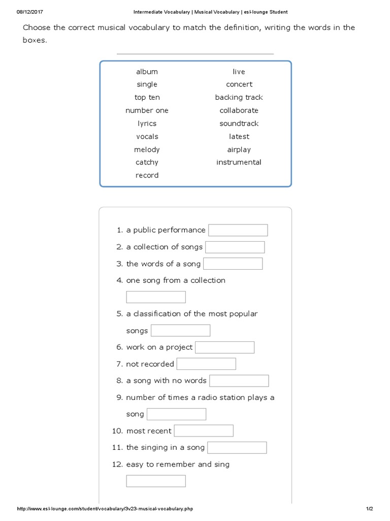 1.1 Intermediate Vocabulary - Musical Vocabulary - Esl-Lounge Student ...