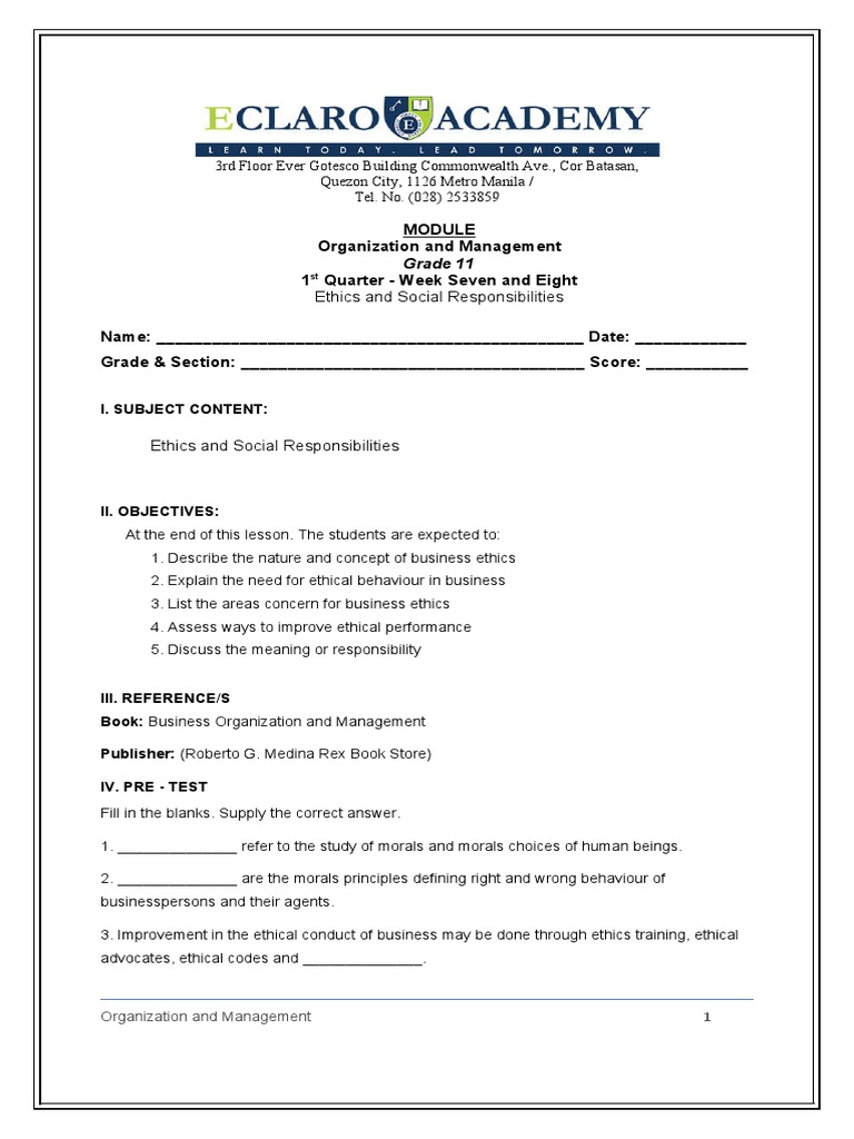 1st Quarter Week 7 and 8 Ethics and Social Responsibilities | PDF ...