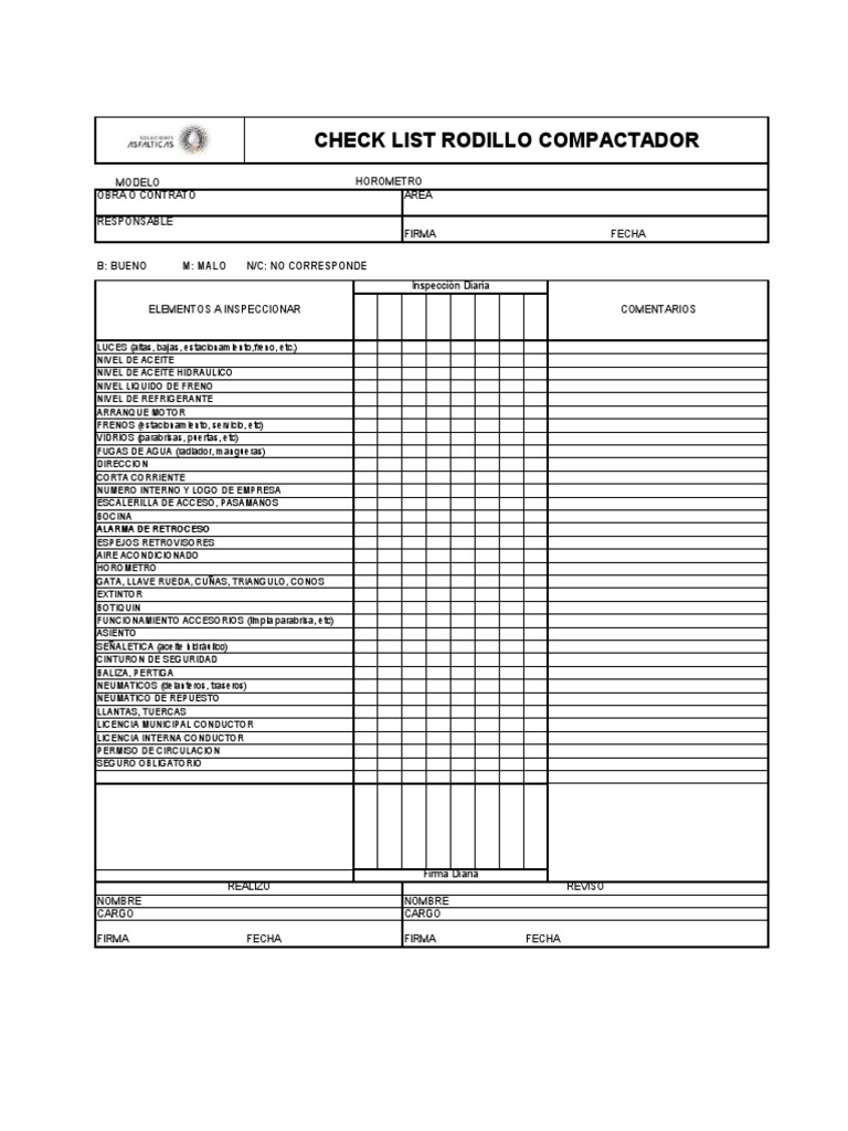 Check List Rodillo Compactador | PDF