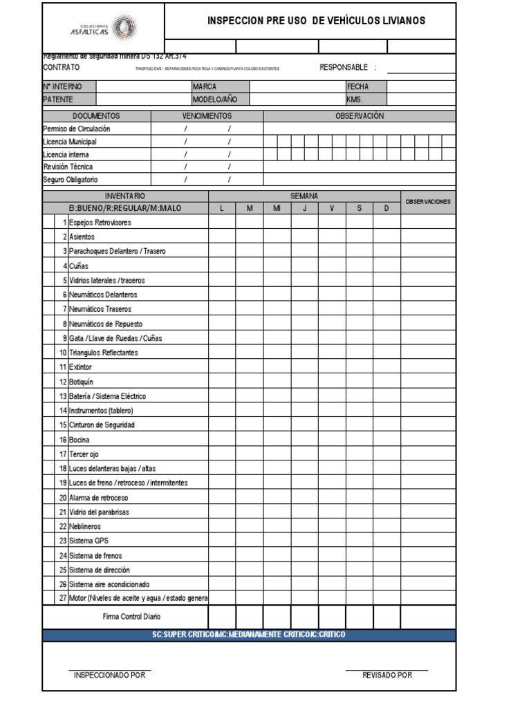 Check List Pre Uso Camionetas | PDF | Neumático | Bienes manufacturados