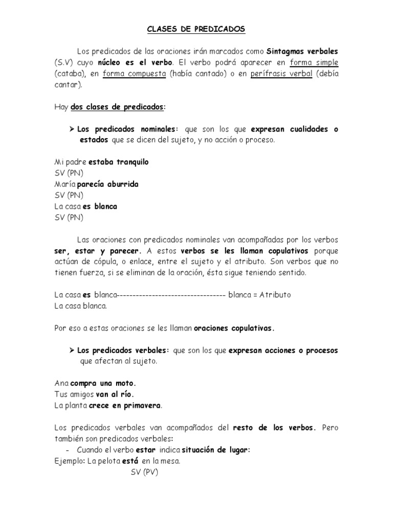 6.clases de Predicados | PDF | Verbo | Predicado (Gramática)