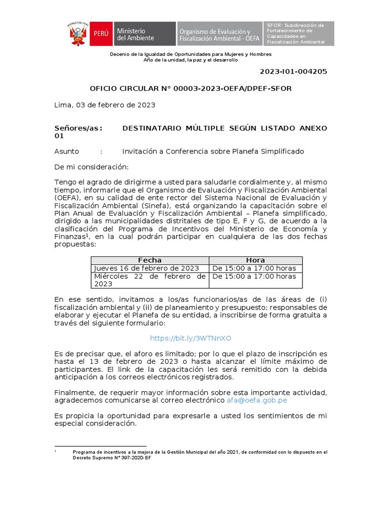 Oficio Circular No 00003-2023-OEFA-DPEF-SFOR Invitacion Conferencia Planefa Simplificado | PDF ...