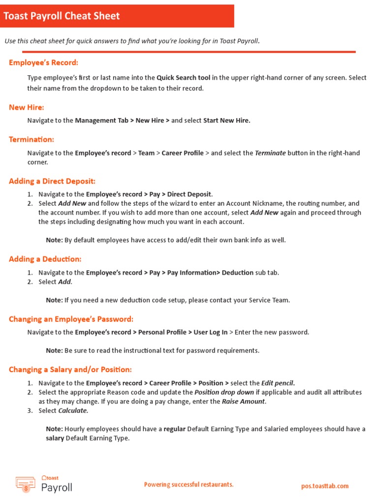 Toast Payroll Cheat Sheet | Download Free PDF | Payroll Tax | Payroll