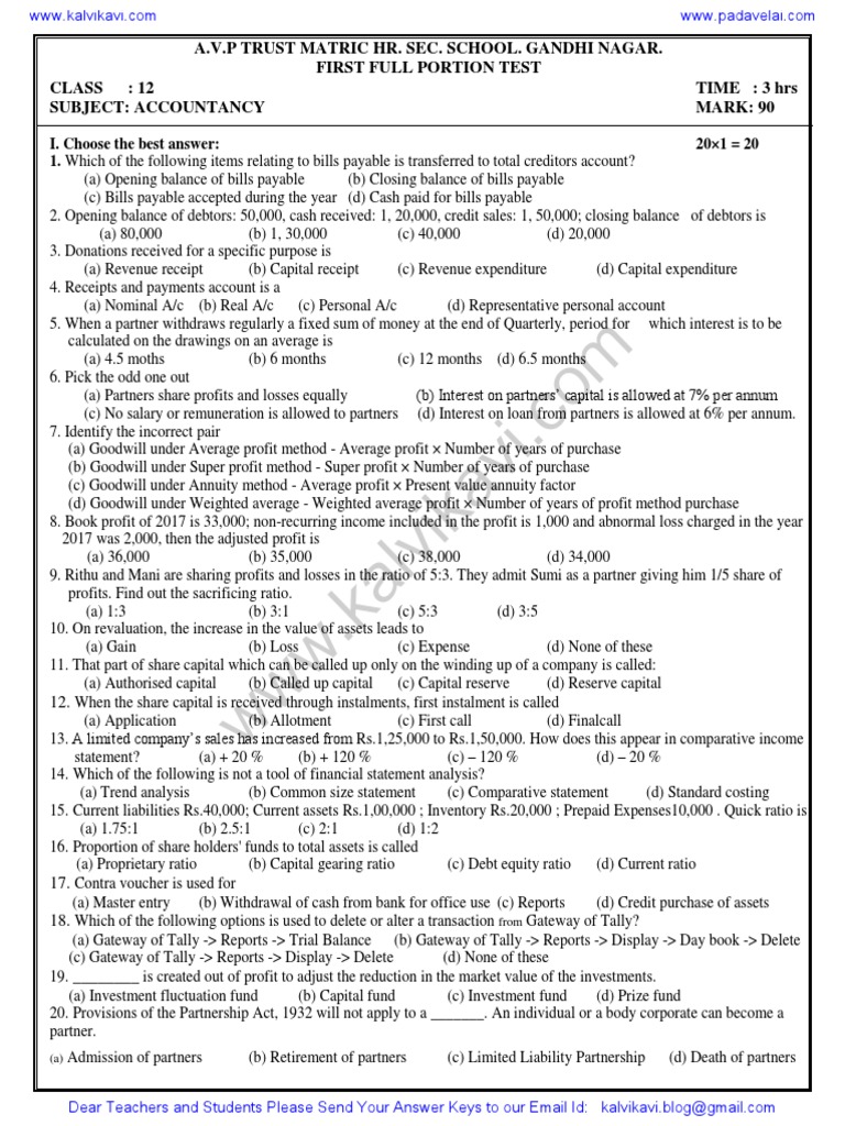 12th Accountancy - Public Exam Model Question Paper - English Medium ...
