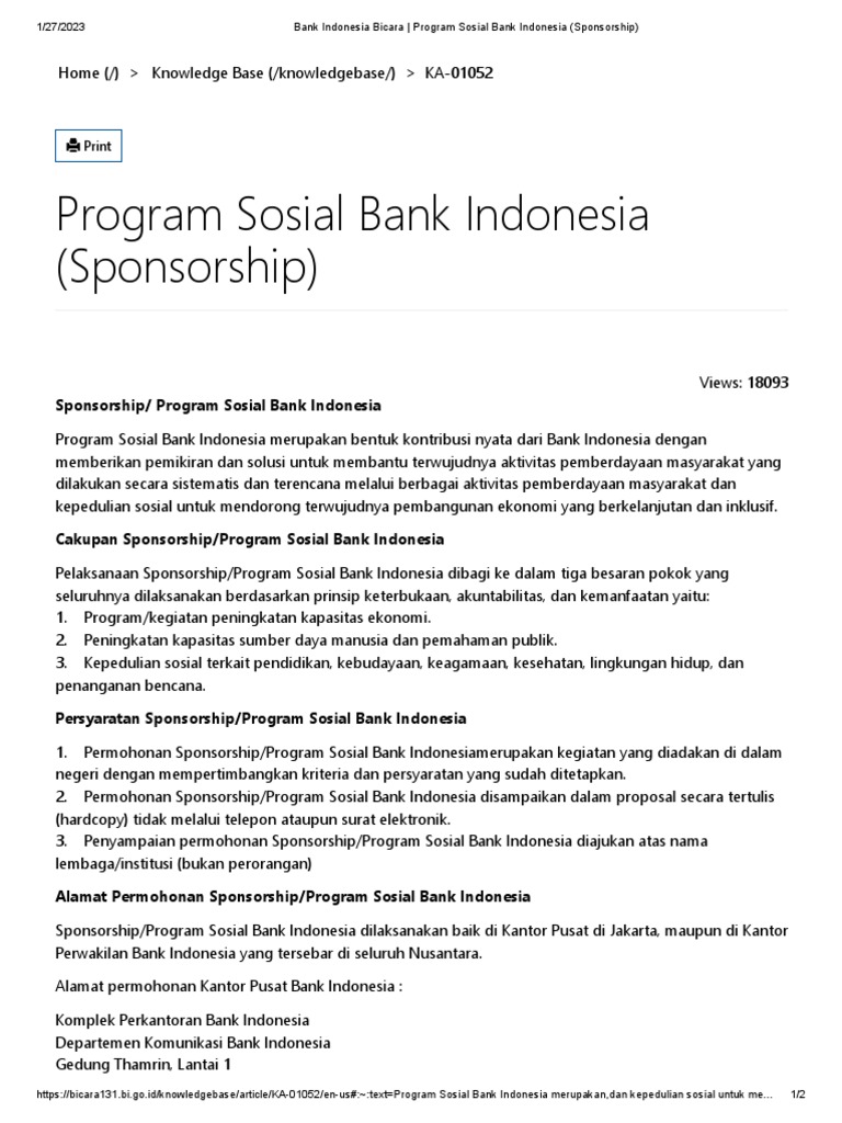 Bank Indonesia Bicara - Program Sosial Bank Indonesia (Sponsorship) | PDF