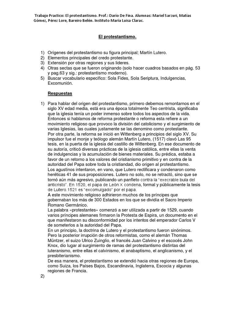 Trabajo Protestantismo | PDF | protestantismo | Martin Luther