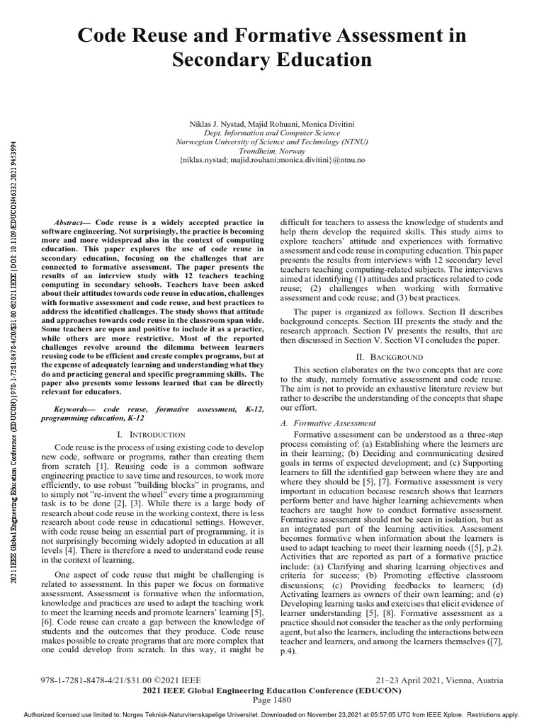 Nystad Et Al. - 2021 - Code Reuse and Formative Assessment in Secondary Education | PDF ...