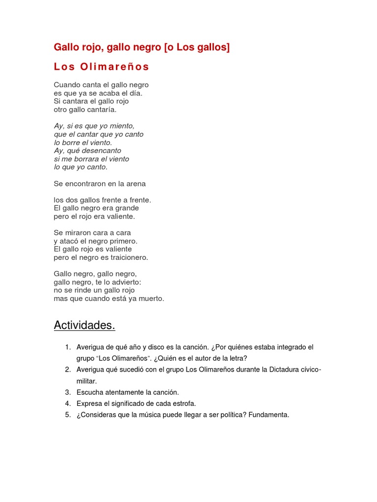 Gallo Rojo y Gallo Negro: Análisis de Letra | PDF | Arte | Poesía