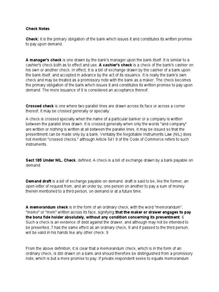 Check Notes | PDF | Negotiable Instrument | Cheque