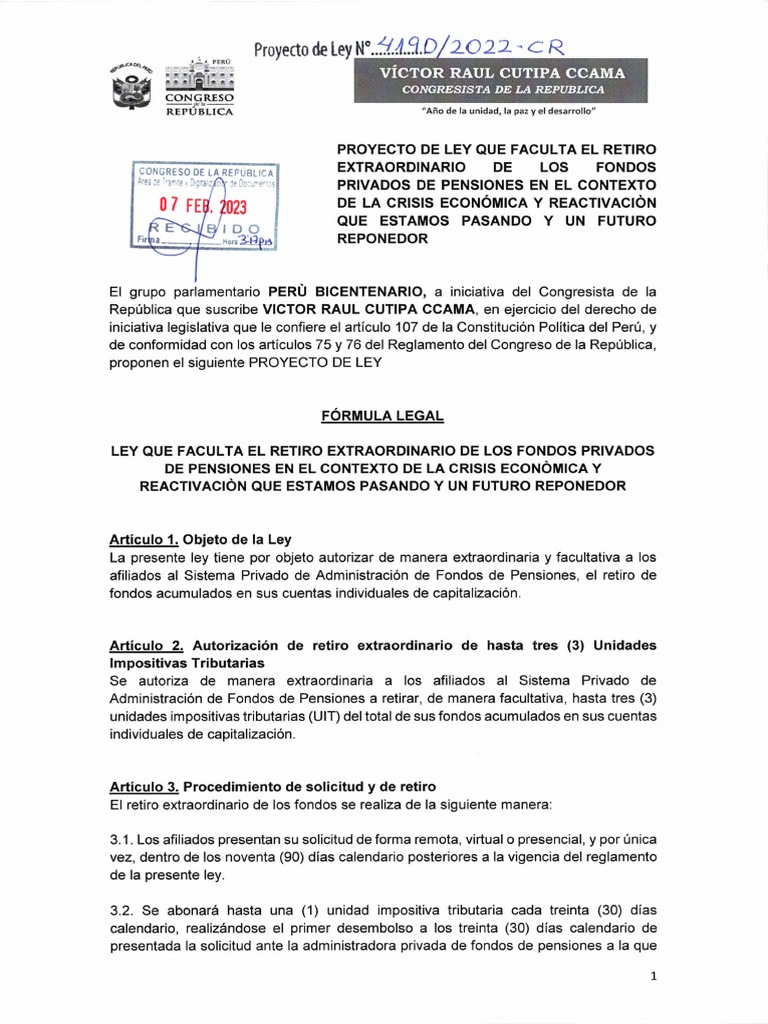 Proyecto de Ley ............... 22 C: Congreso República "Arto de La ...