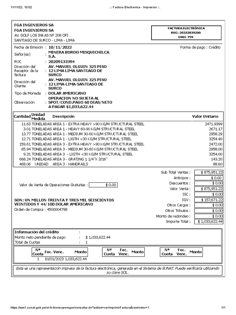 Factura Electrónica RUC: 20332839200 E001-759 | PDF | Pagos | Dinero