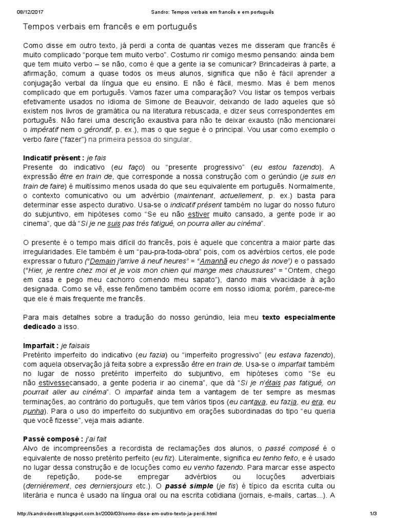Comparação de Tempos Verbais: Francês e Português | PDF | Linguística ...