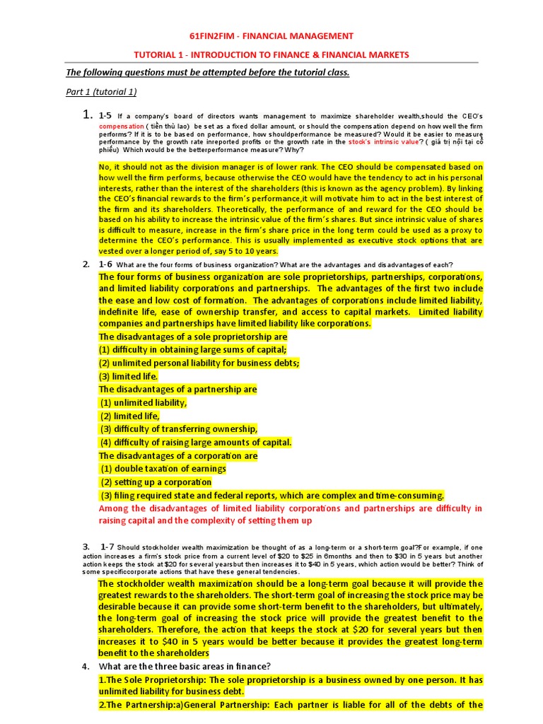 2023 Tutorial 1 FMA | PDF | Partnership | Business