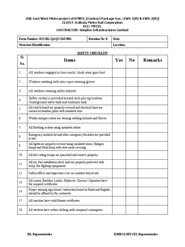 Safety Checklist - 012SILQAQCSAF001 | PDF