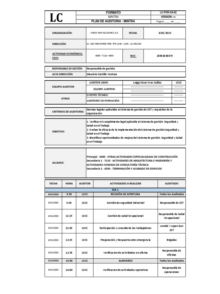 1.plan de Auditoria - MINTRA - KNOW HOW BUILDING S | PDF | Auditoría ...
