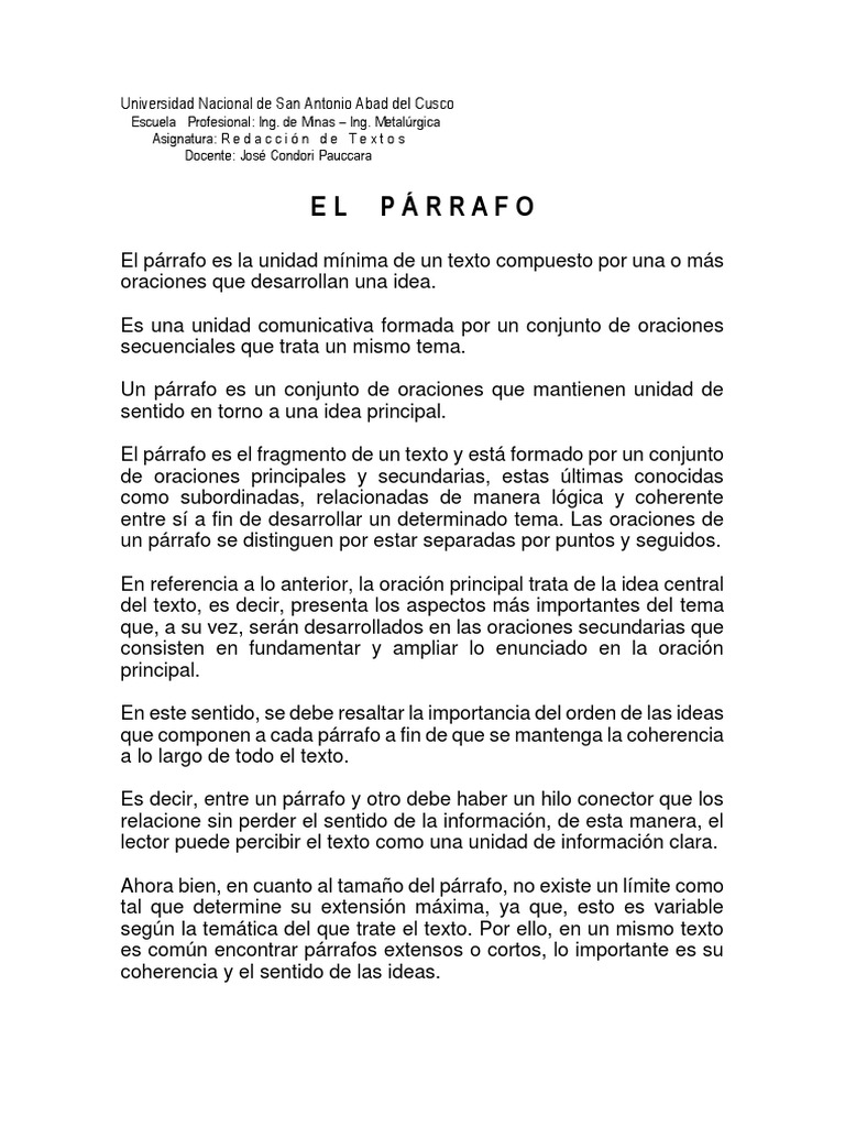 Importancia y características del párrafo | PDF | Oración (Lingüística ...
