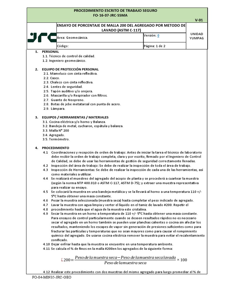 Fo-04-Min35-Jrc-Geo Ensayo de Porcentaje de Malla 200 Del Agregado Por ...