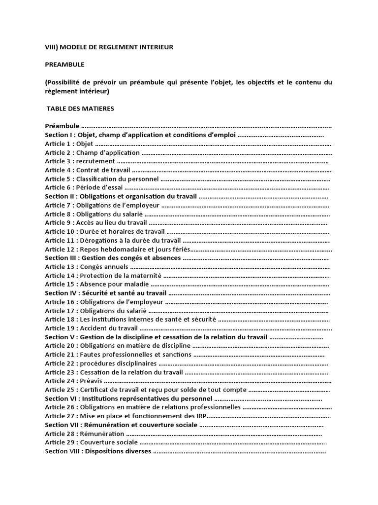 Modèle de Règlement Intérieur Entreprise | PDF | Sécurité | Relations ...