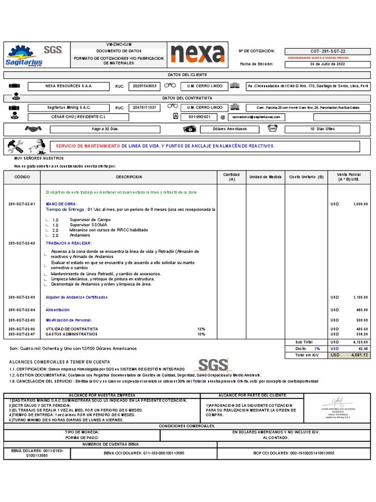 Cot-291-Sgt-22-Servicio de Mantenimiento de Linea de Vida, Retractil y Puntos de Anclaje en ...