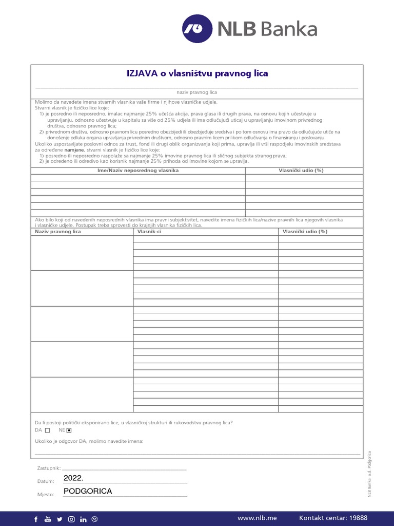 Izjava o Vlasništvu Pravnog Lica | PDF