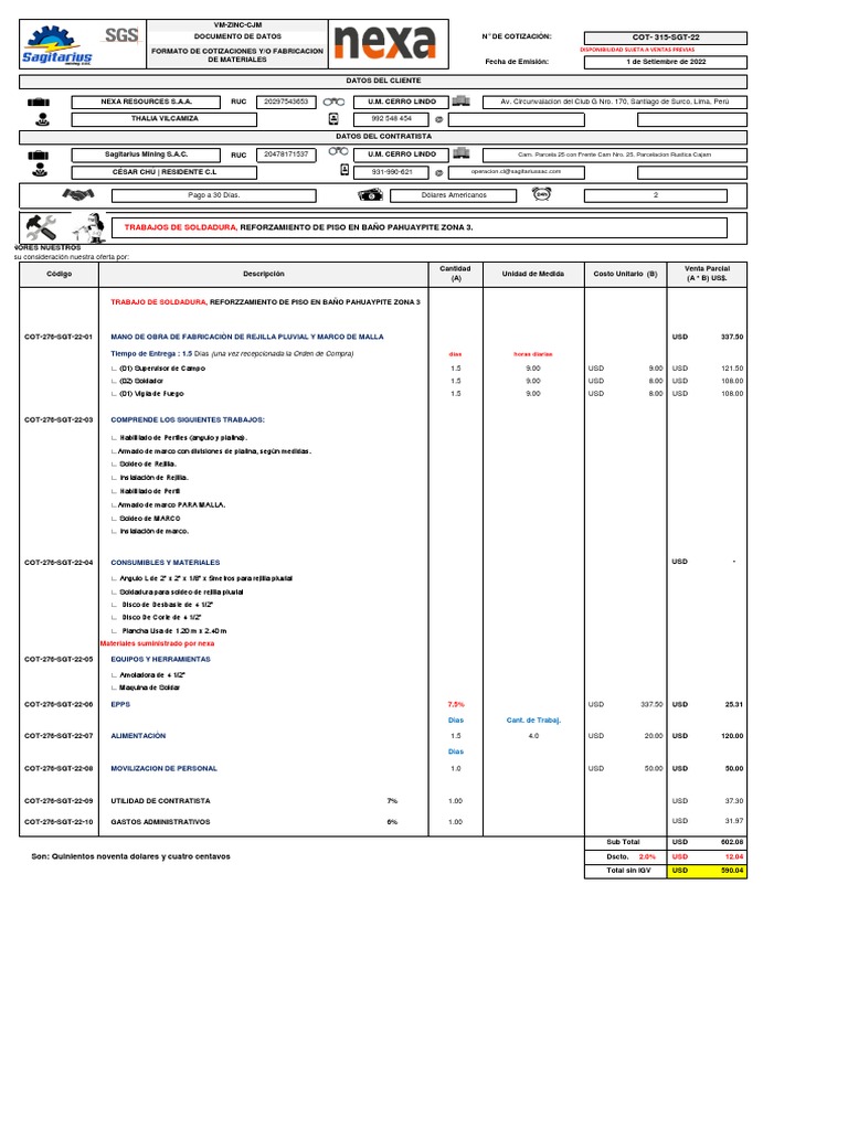 Cot 276 SGT 24 Nexa Resoruces S.C. | PDF