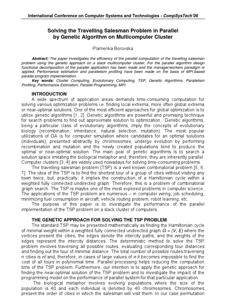 Solving the Travelling Salesman Problem in Parallel by Genetic Algorithm on Multicomputer ...