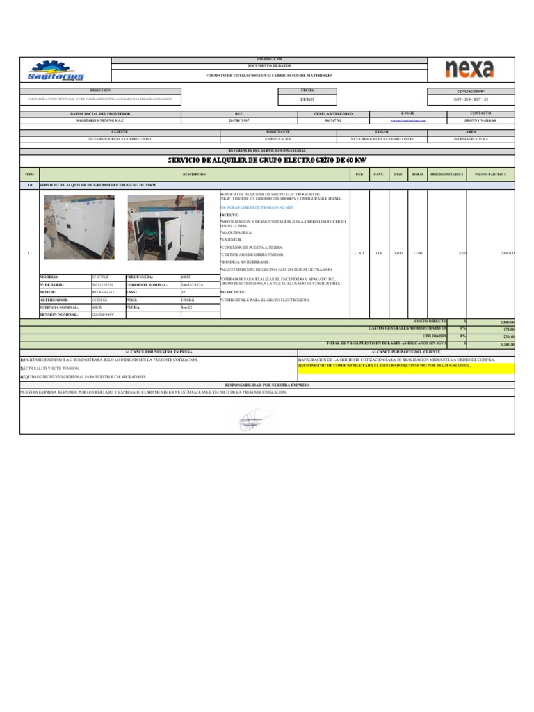 Cot-319-Sgt-22 Servicio de Alquiler Grupo Electrogeno 60kw-12 Horas Diarias | PDF | Energia ...