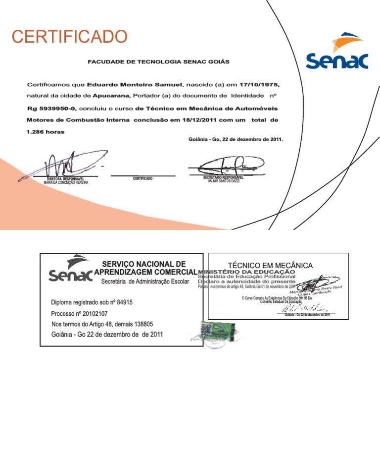 CERT SENAC TECNICO EM Mecanica | PDF