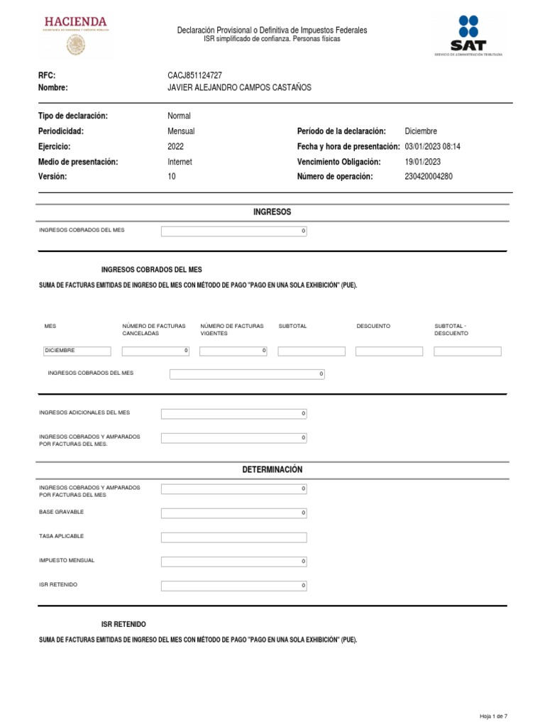 RFC: Nombre:: Declaración Provisional o Definitiva de Impuestos Federales | PDF | Impuesto sobre ...
