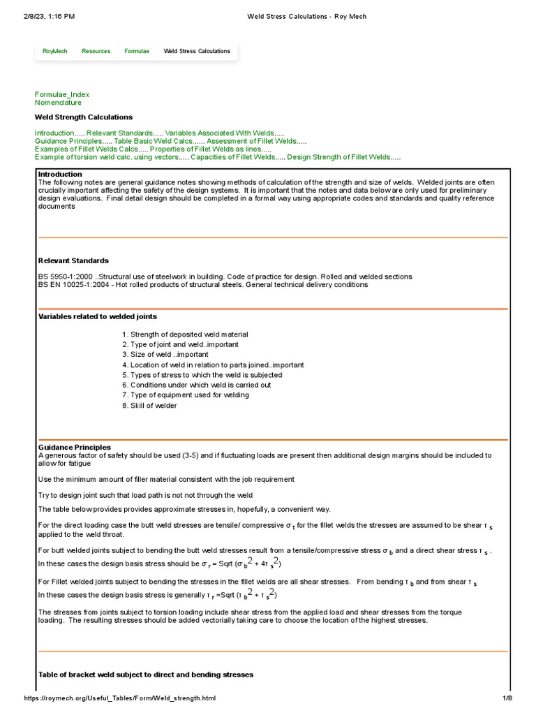 Weld Stress Calculations - Roy Mech | PDF | Bending | Stress (Mechanics)