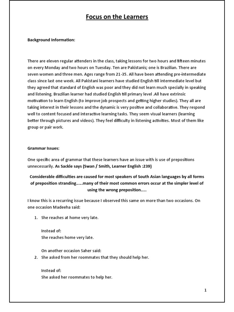 Asia Sultan Assignment 1 Focus On The Learners Pdf English