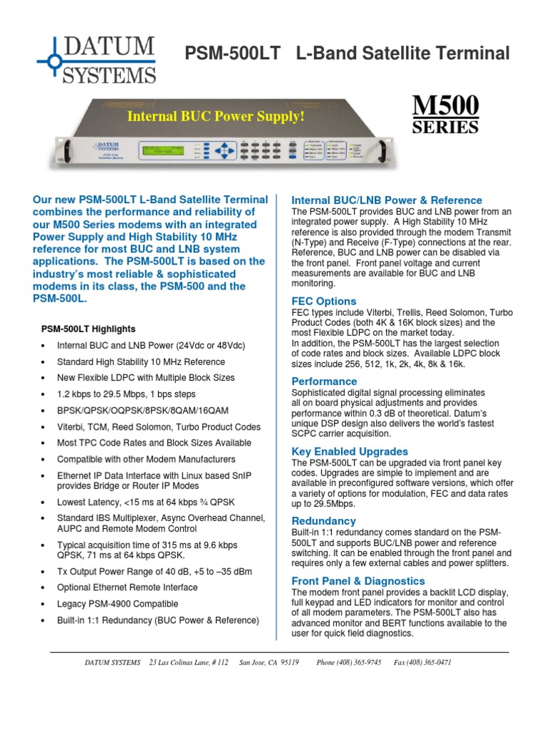 Datum PSM 500LT Satellite Terminal | PDF | Modem | Forward Error Correction
