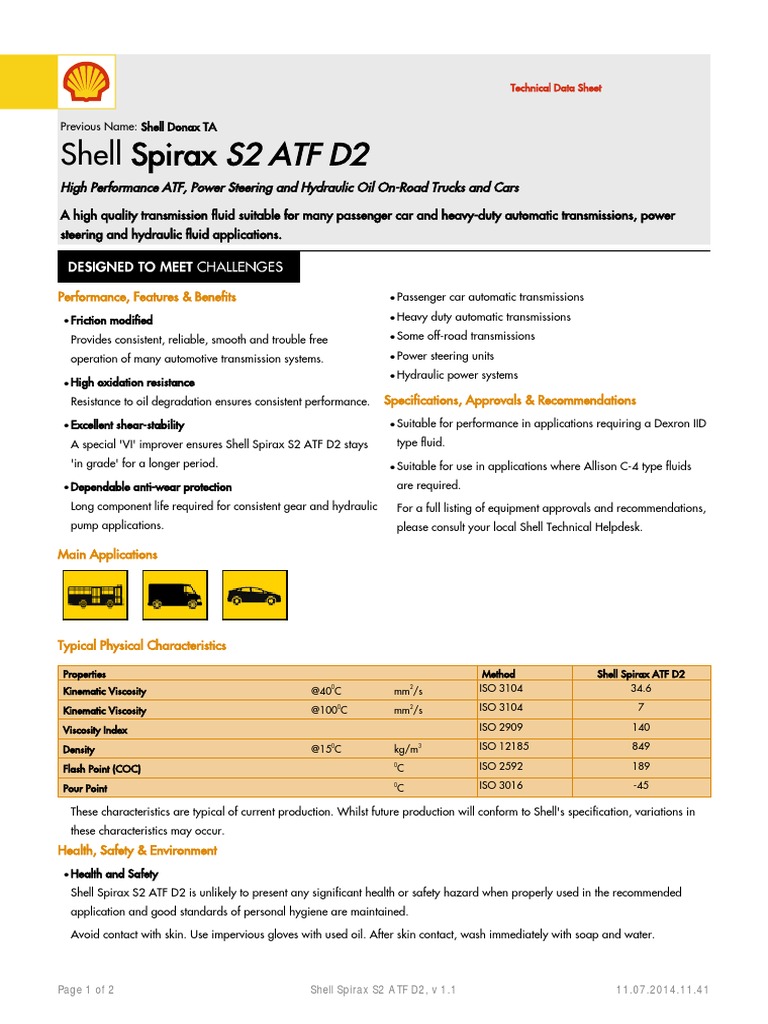 Shell Spirax s2 Atf d2 Tds | PDF | Mechanical Engineering | Physical ...