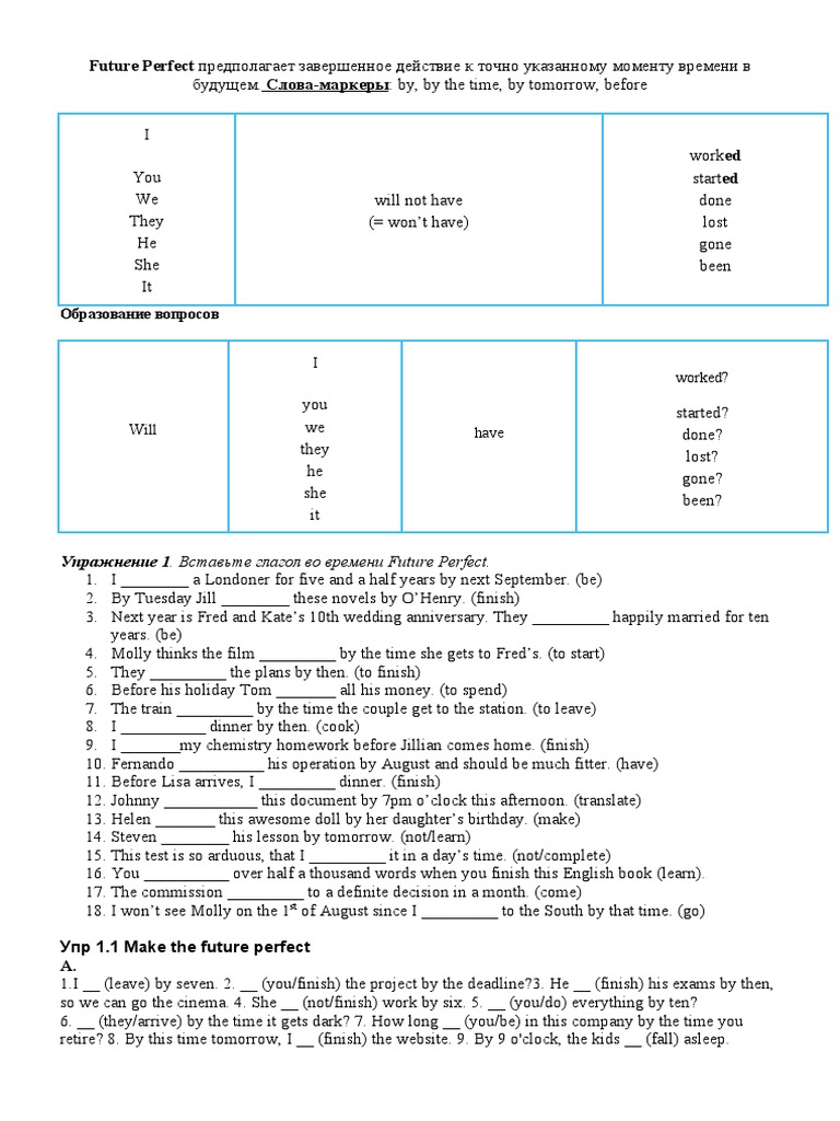 Future Perfect Tense Exercises | PDF