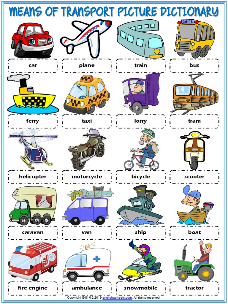 Means of Transport Vocabulary Esl Picture Dictionary Worksheet For Kids ...