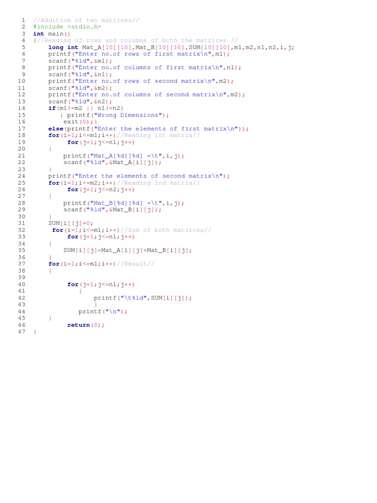 Addition of 2 Matrices | PDF