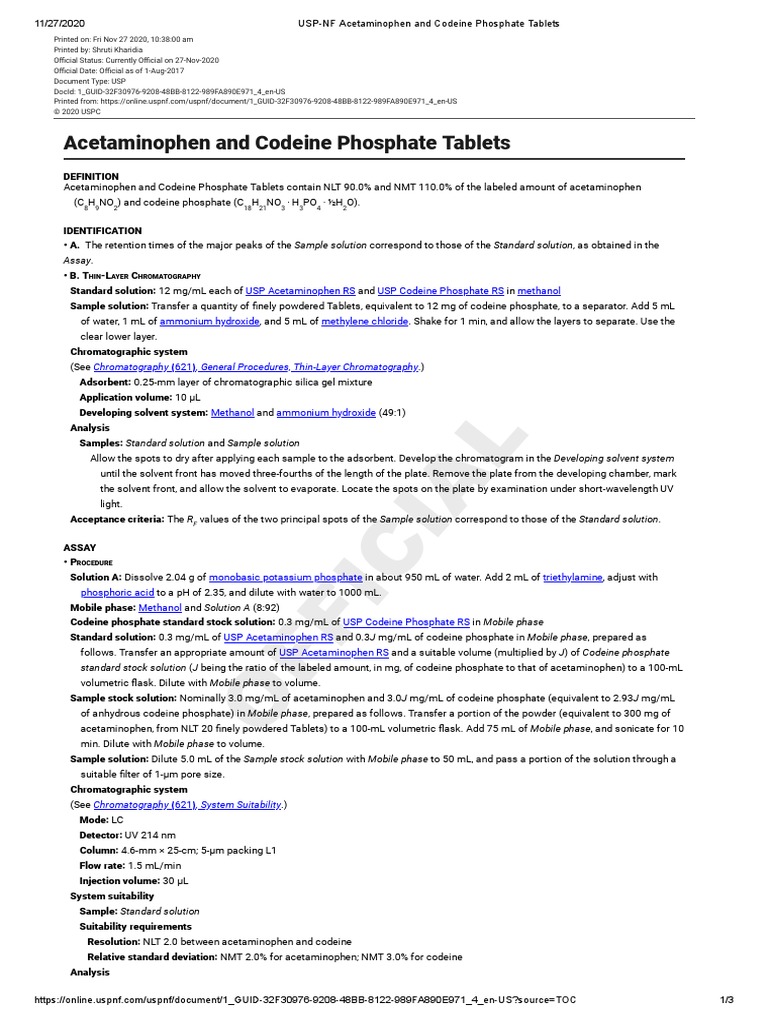 USP-NF Acetaminophen and Codeine Phosphate Tablets | PDF | Chromatography | Thin Layer ...