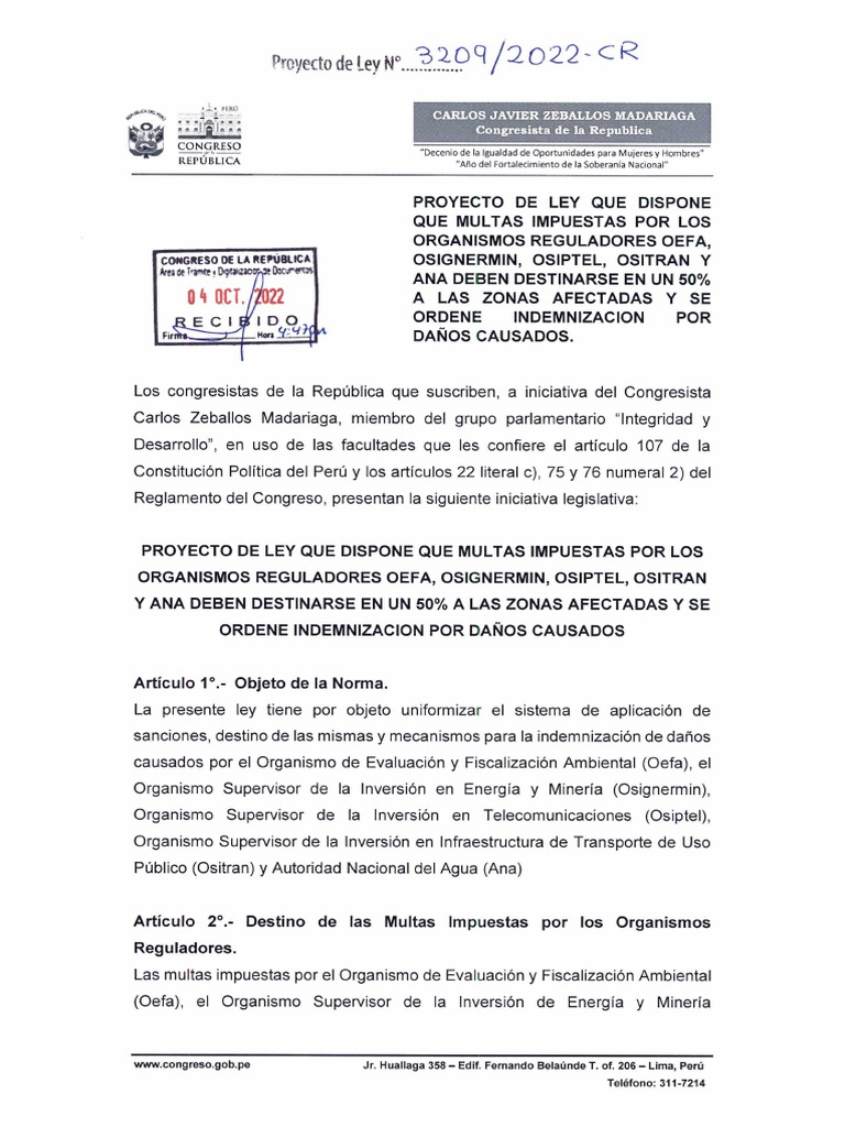 Proyecto de Ley 3209/2022-CR | Descargar gratis PDF | Daños y perjuicios | Entorno natural