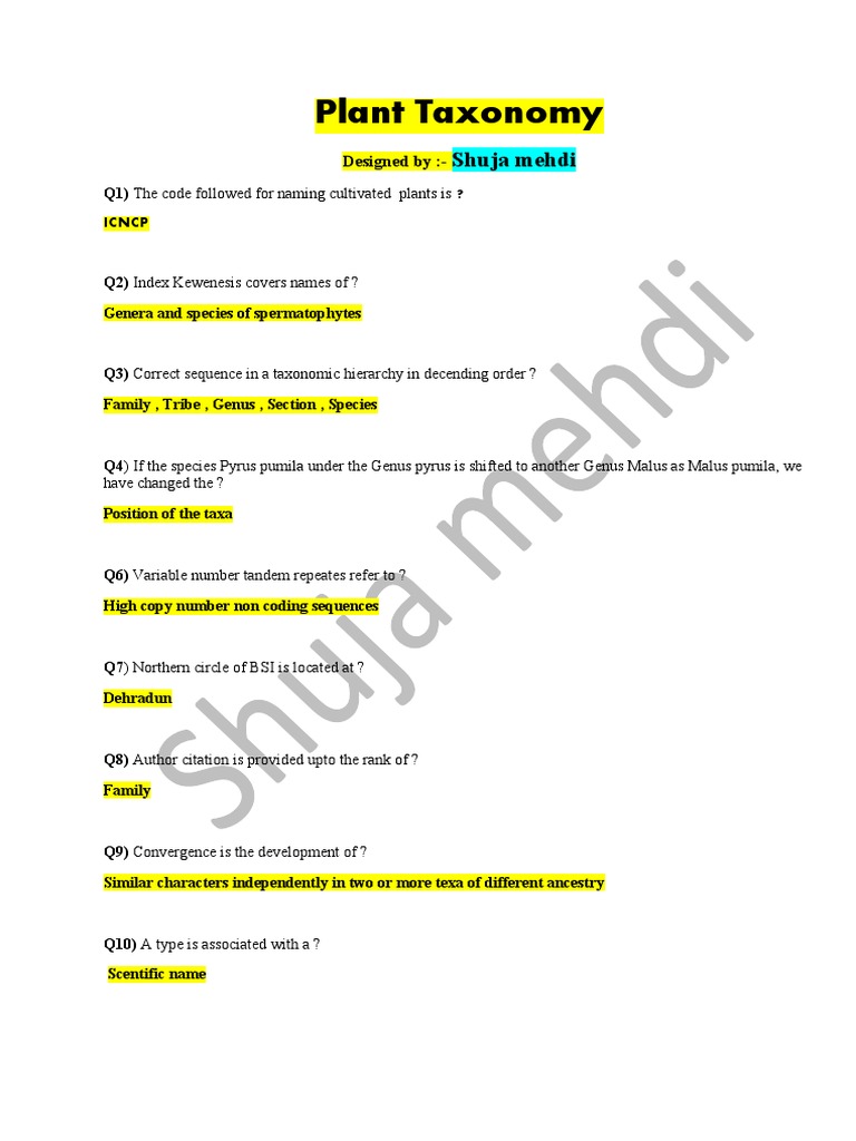 Plant Taxonomy MCQs | PDF | Science & Mathematics