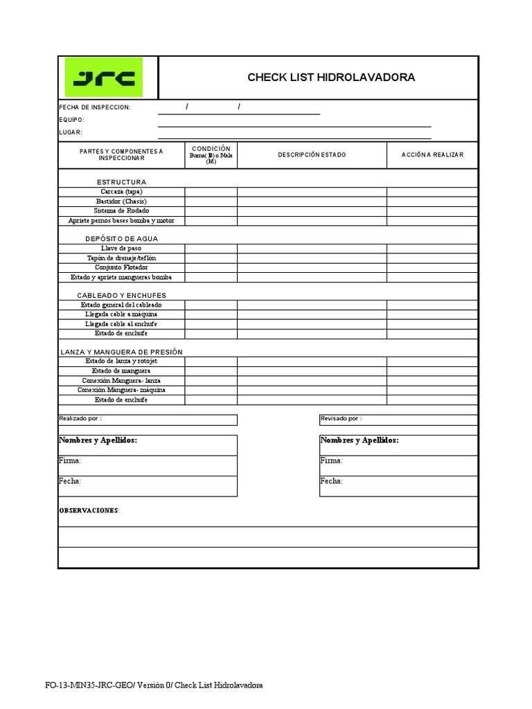 FO-13-MIN35-JRC-GEO Checklist-Hidrolavadoras V. 0 | PDF