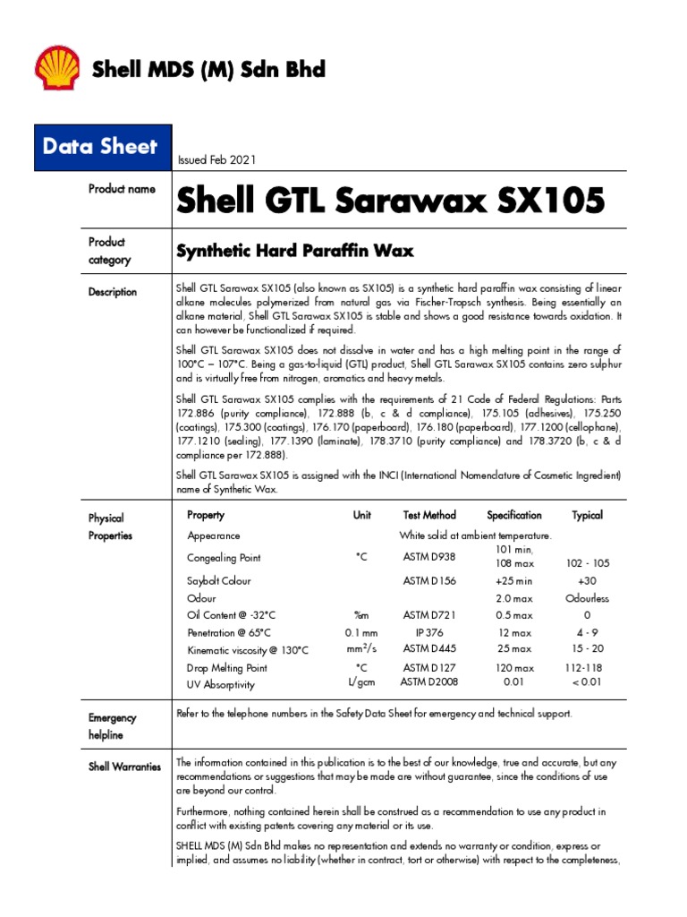 Shell GTL Sarawax SX105 Data Sheet | PDF | Wax | Alkane