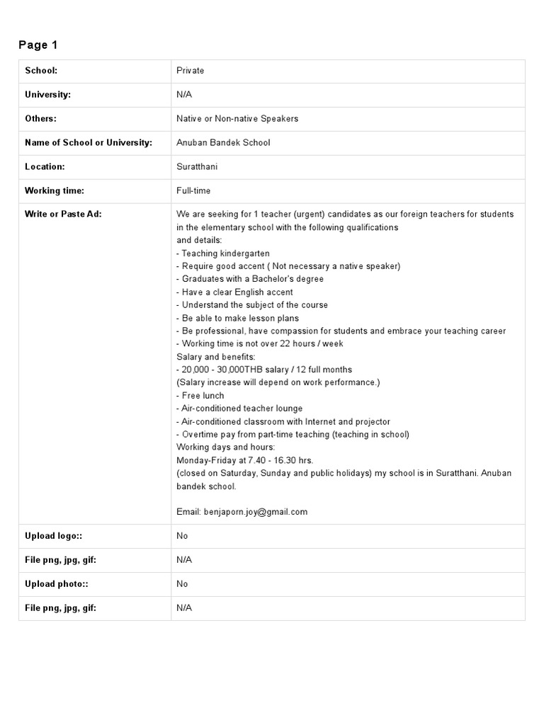 Teacher Vacancy at Anuban Bandek School | PDF