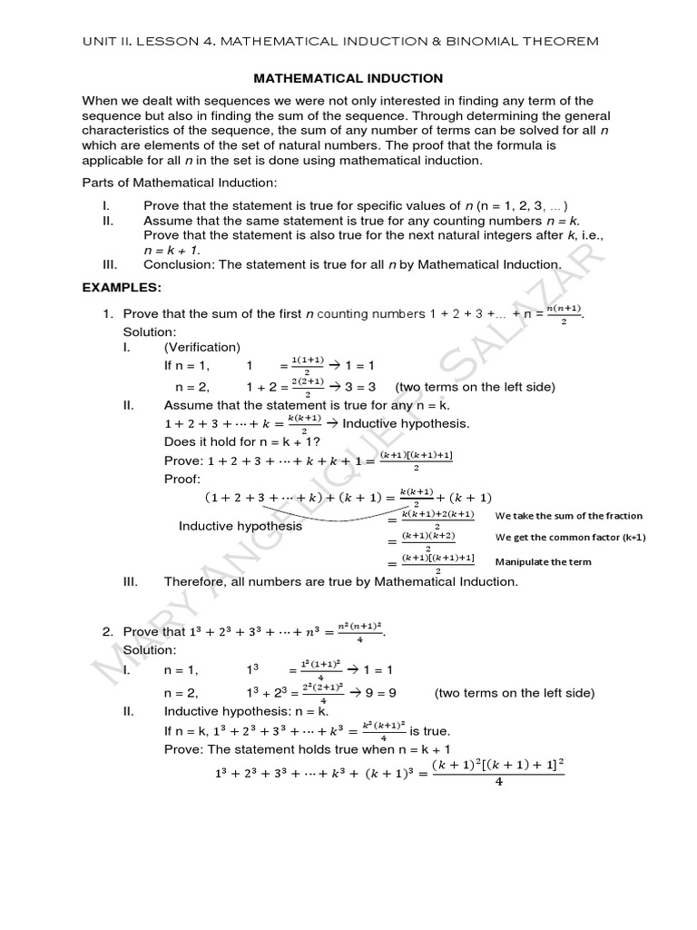 Lesson 4 Mathematical Induction Binomial Theorem Pdf Mathematical Proof Mathematics