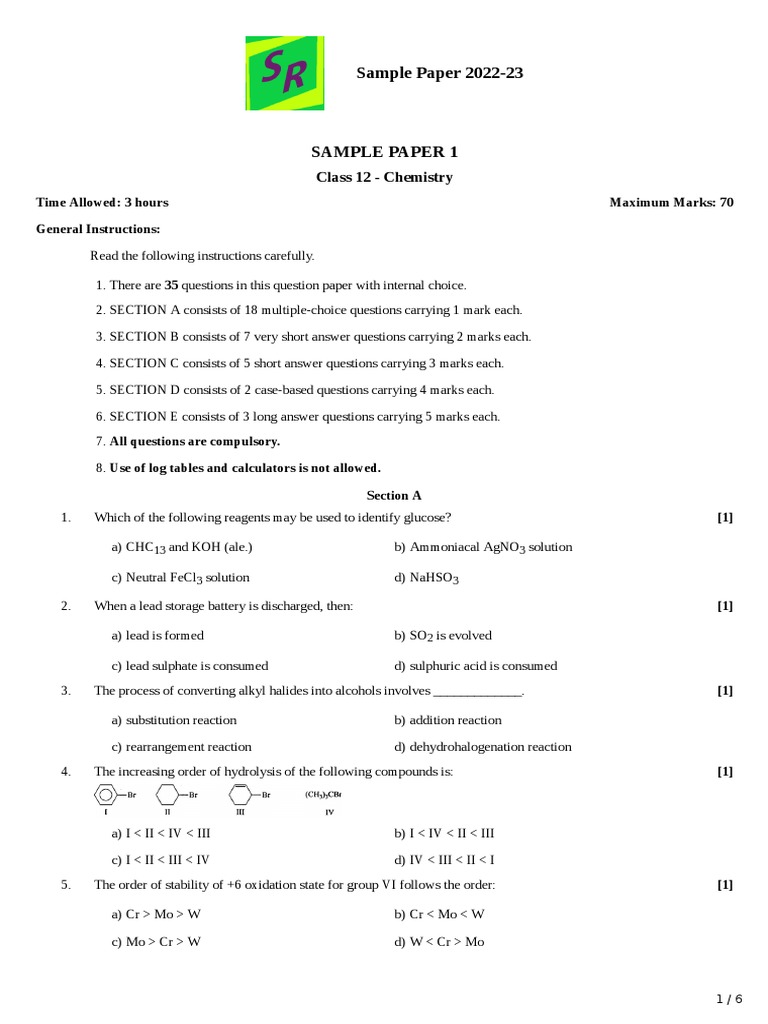 Chemistry New Sample Paper | PDF | Transition Metals | Applied And ...