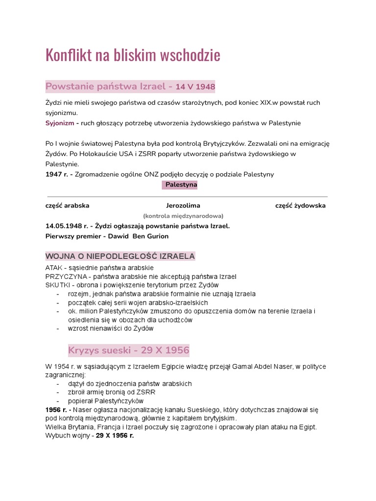 Notatka - Klasa Ósma Historia Konflikt Na Bliskim Wschodzie | PDF