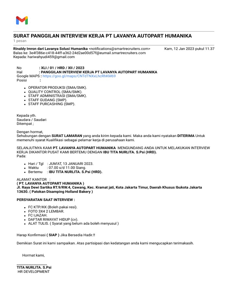 Gmail - Surat Panggilan Interview Kerja PT Lavanya Autopart Humanika | PDF
